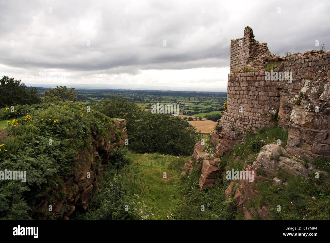 Castle ruins, Beeston Castle, on its sandstone crag and surrounding ...