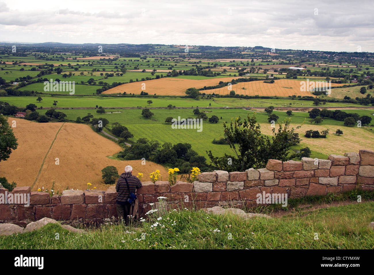 Castle ruins, man looking over a wall over the Cheshire Plains, from ...