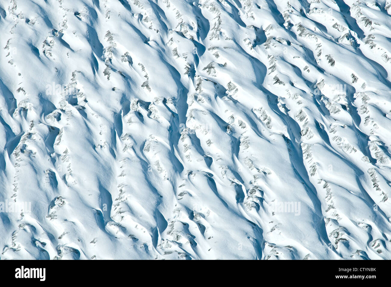 An aerial view of the surface details of a glacier in the icefields of ...