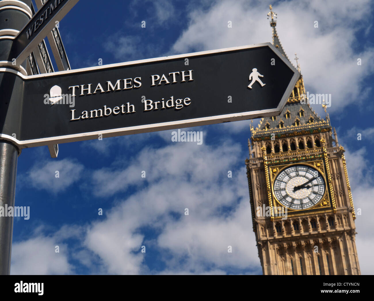 Sign post in Westminster directing pedestrian visitors to Thames Path ...