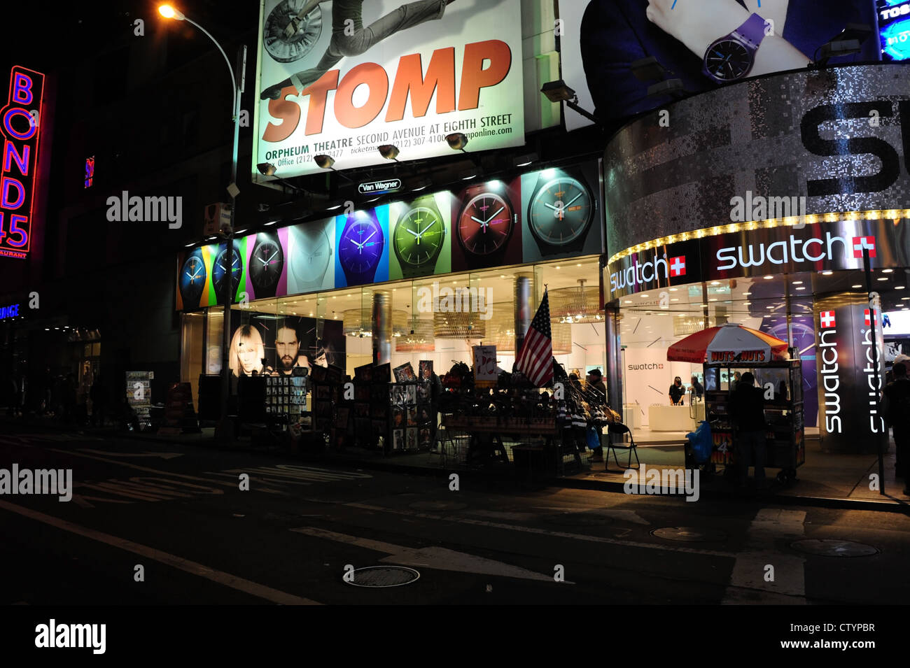 Night neon view, to Bond 45 Restaurant, electric lights Swatch Store ...