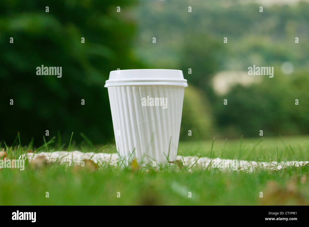 a white coffee cup in the grass, shallow DOF Stock Photo - Alamy