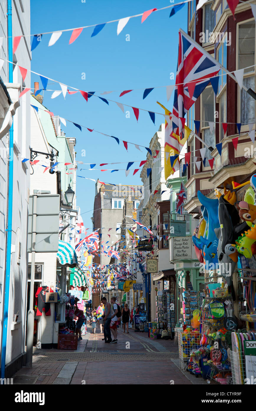 Street scene in Old Town, St Alban Street, Weymouth, Dorset, England ...