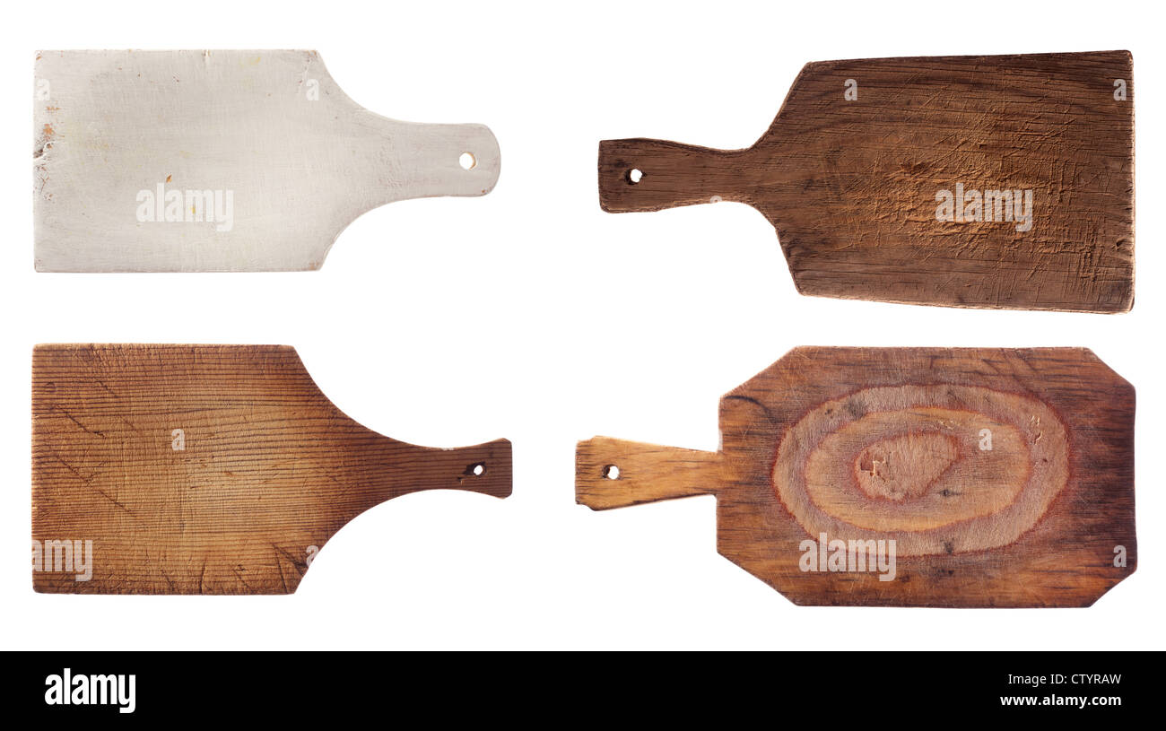 four old used chopping kitchen boards, isolated over white Stock Photo ...