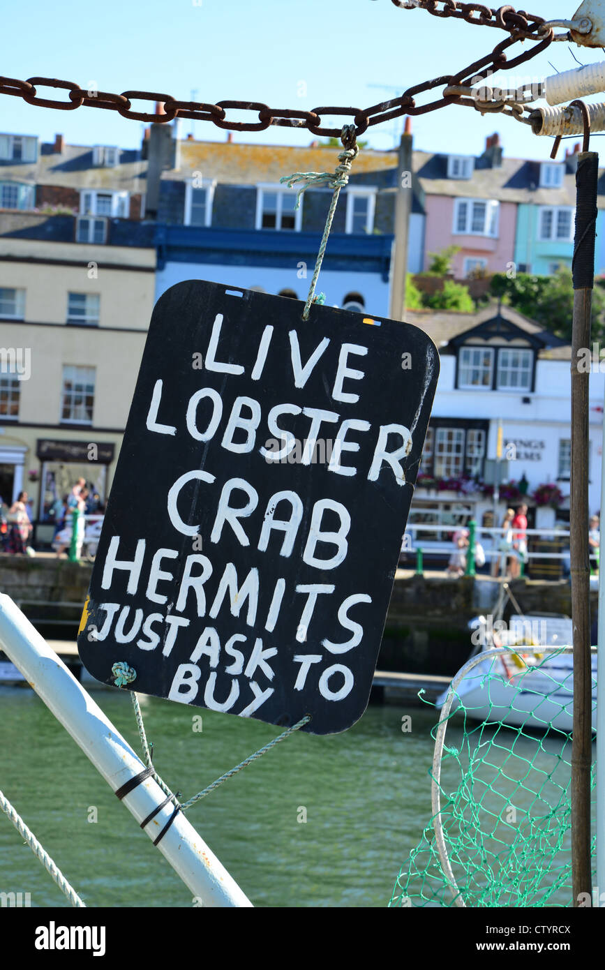 Live lobster Crab sign on fishing boat, Old Harbour, Weymouth, Dorset ...