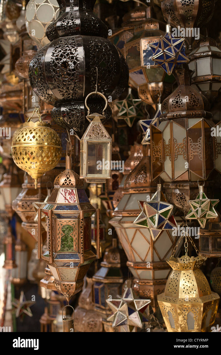 Moroccan glass and metal lanterns lamps in Marrakesh souq Stock Photo ...