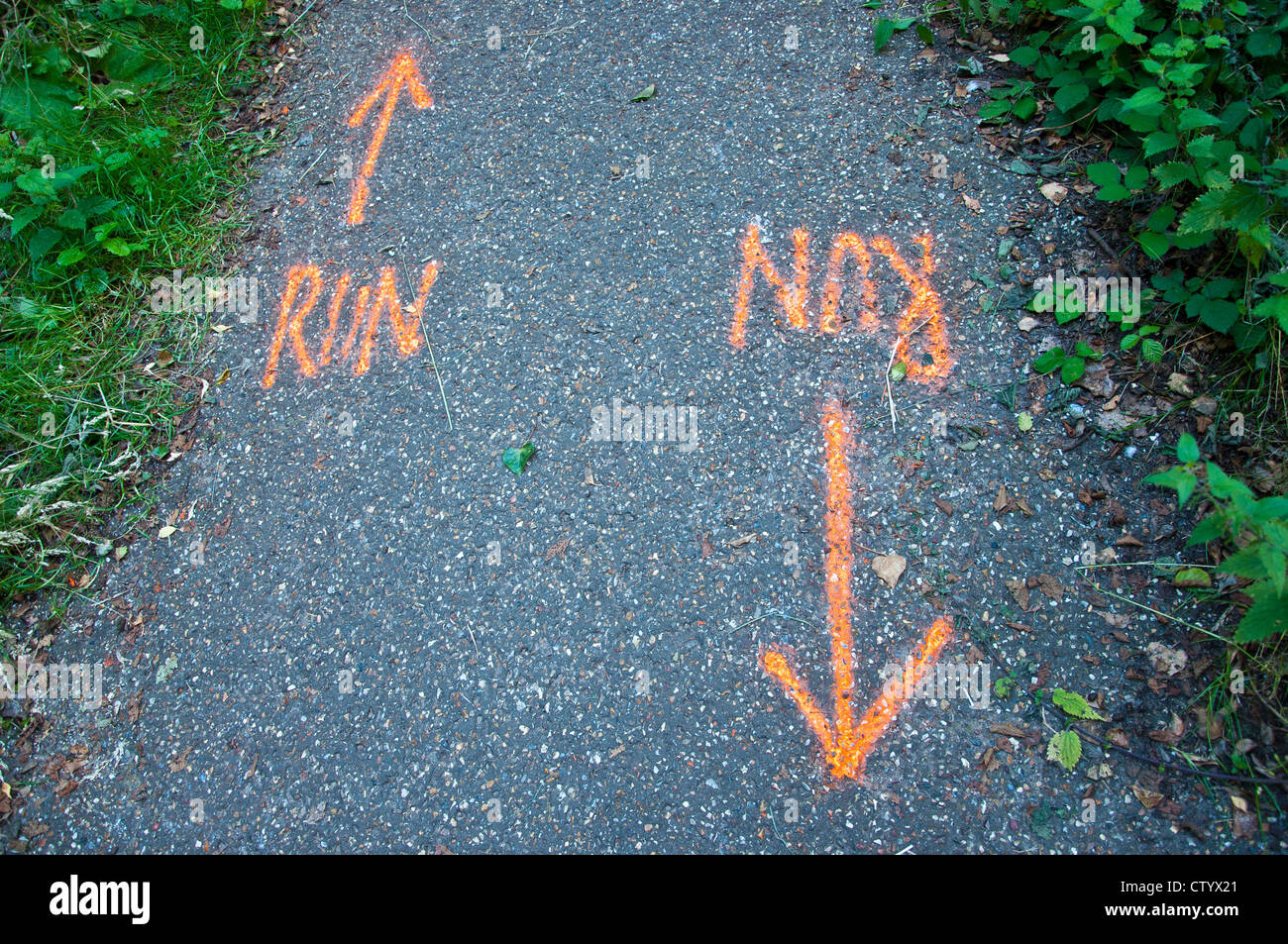 Run markings on path for Triathlon race Stock Photo - Alamy