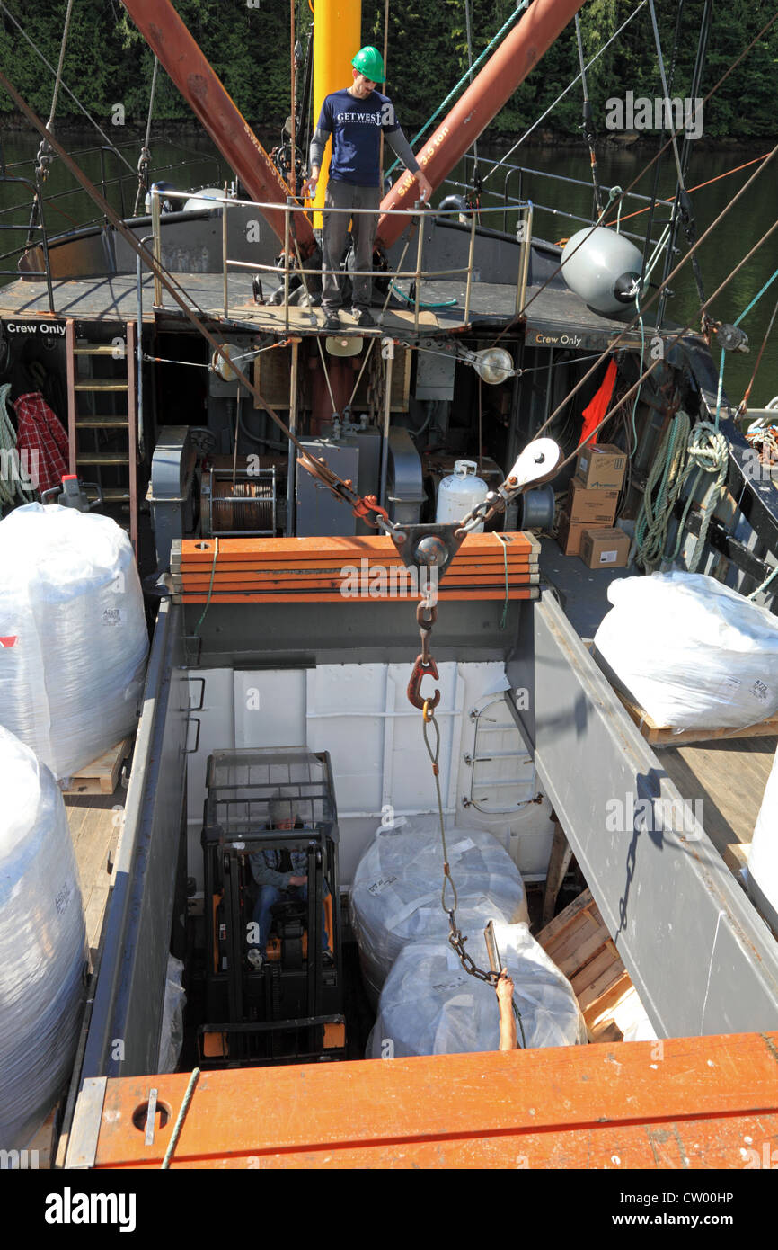 Using the dual-control winch on the MV Uchuck to unload fish food Stock ...