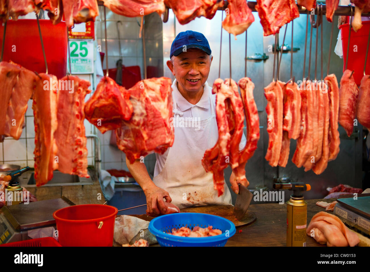 Portrait of butcher in Tai Po Market, New Territories, Hong Kong, China ...