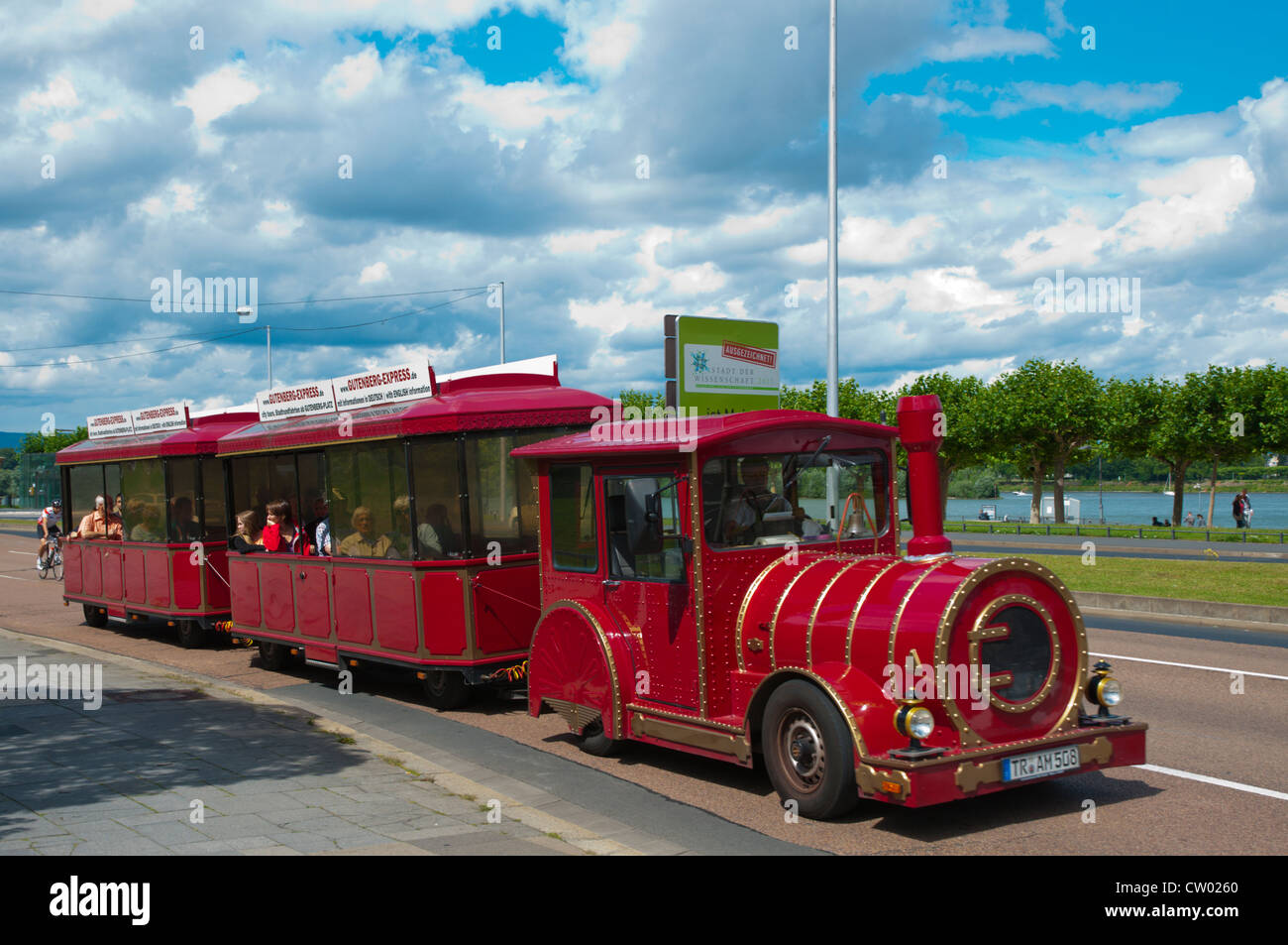 Sightseeing tourist city train Rheinallee riverside street Mainz city ...