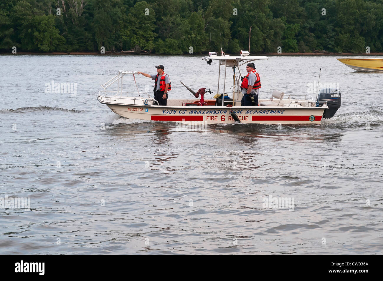 Boat with rescue team floats on the Delaware river, Bristol ...