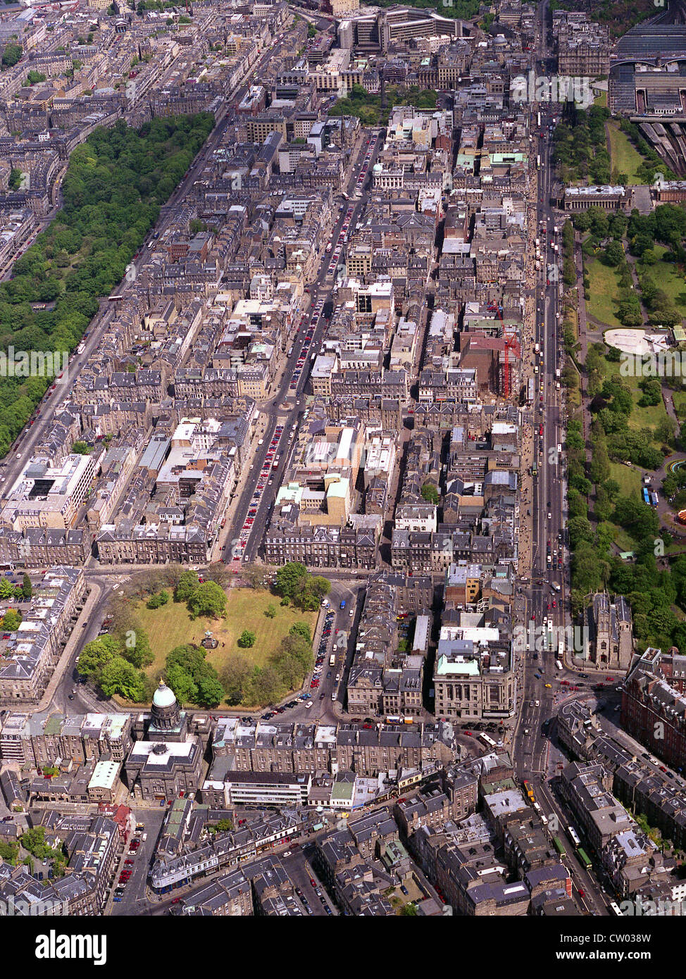 aerial view of Edinburgh city centre looking east up Princes Street ...