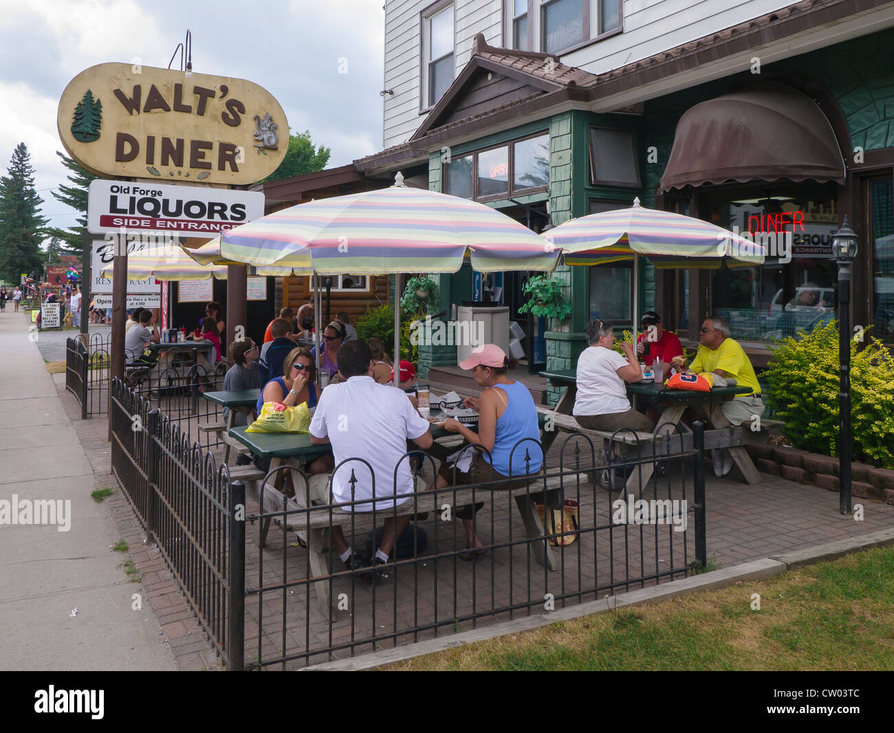 Outdoor cafe in the town of Old Forge in the Adirondack Mountains of ...