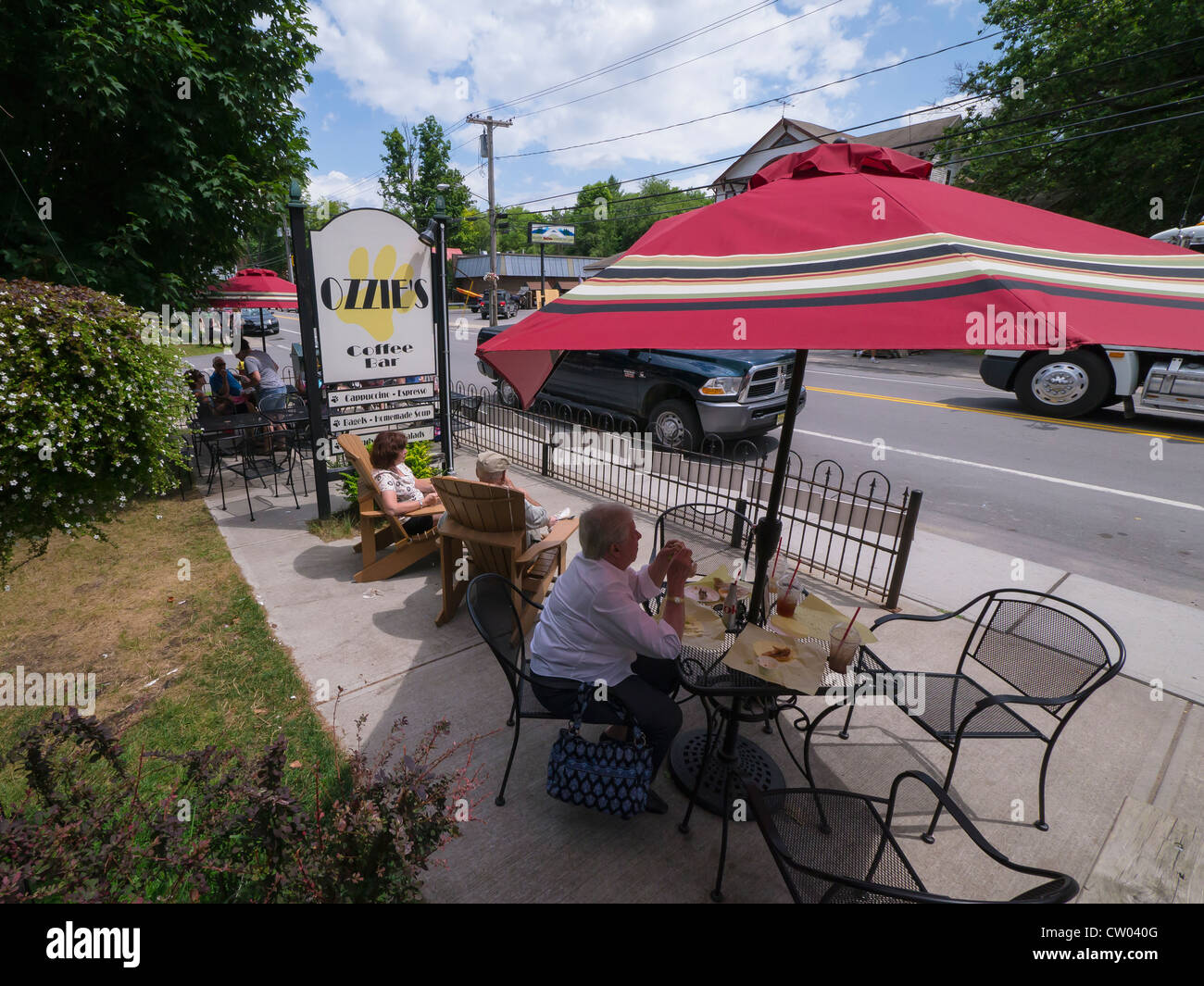 Outdoor cafe in the town of Old Forge in the Adirondack Mountains of ...
