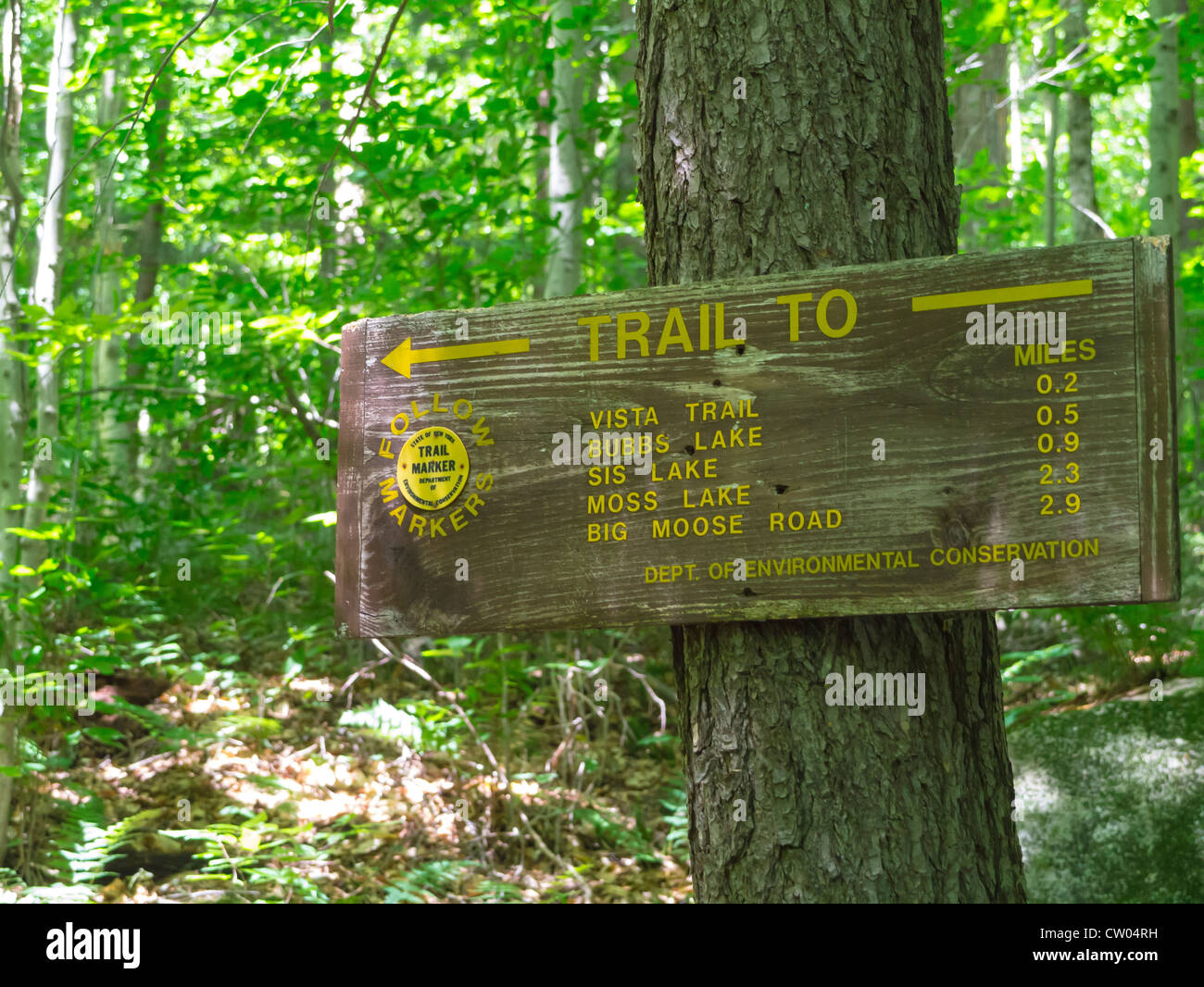 Trail signs in the Adirondack Mountains of New York State Stock Photo ...