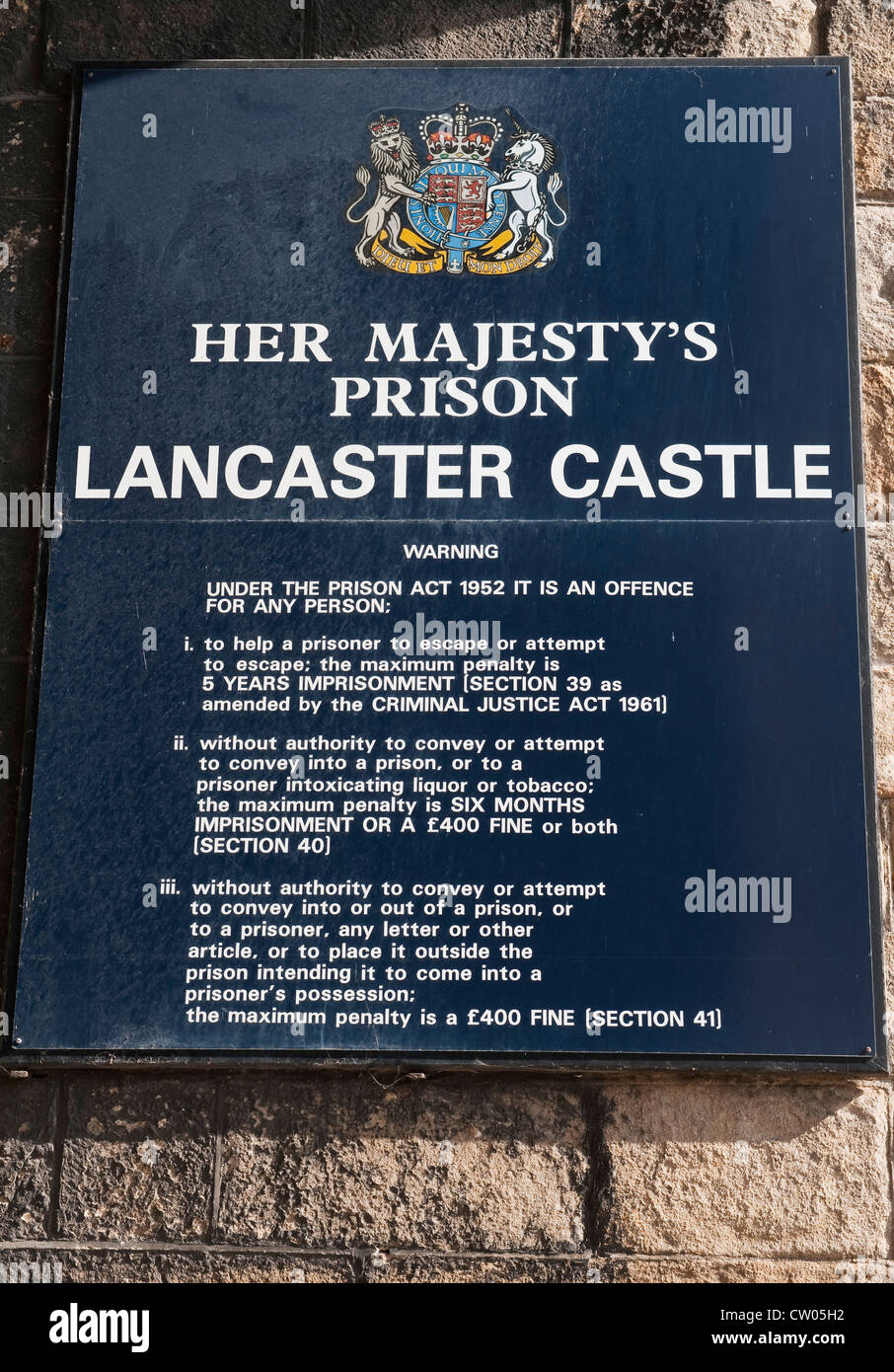 Sign at the entrance to Lancaster Castle, Lancashire, UK. The prison ...