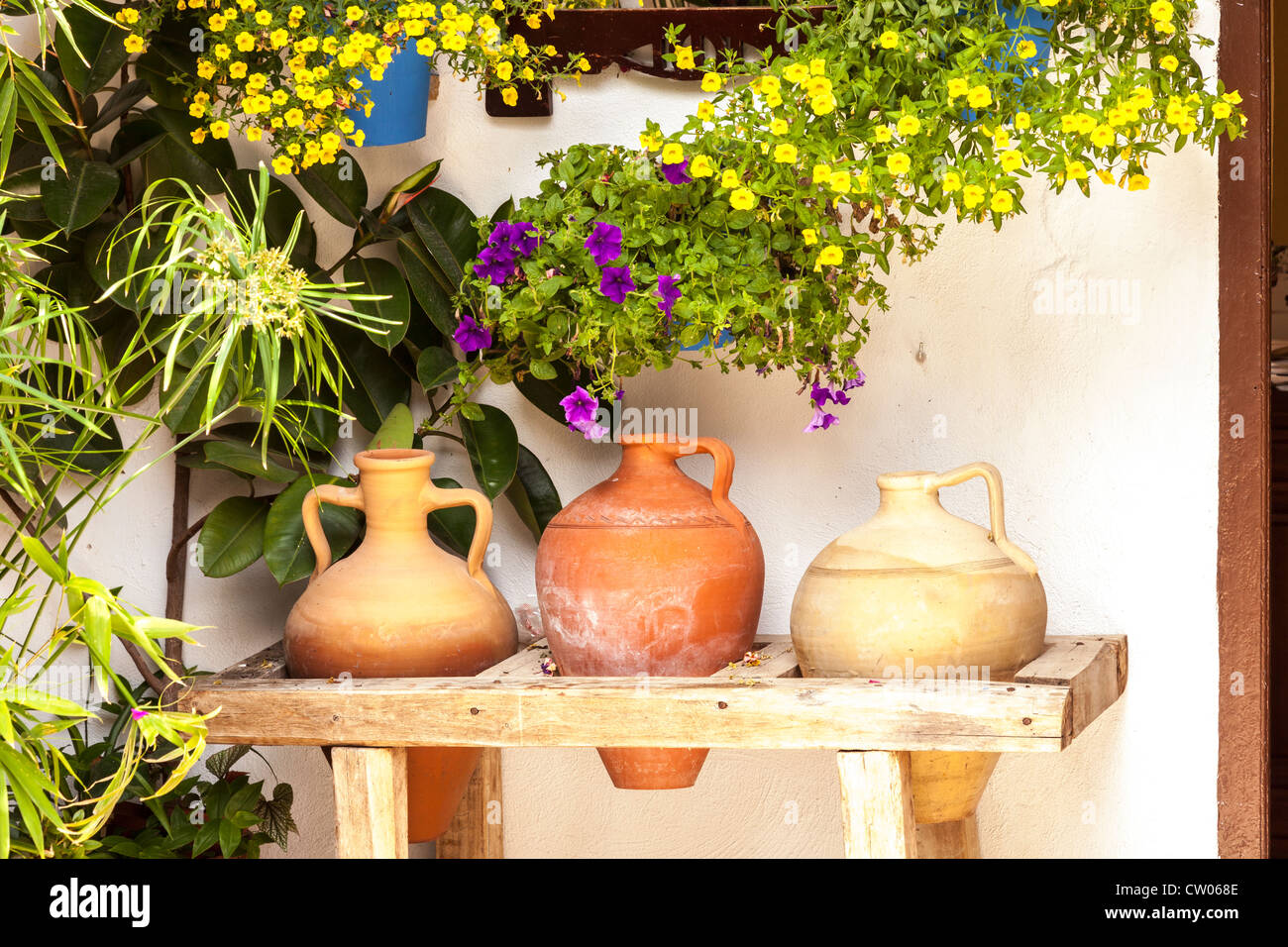 Typical pottery pots in a colourful courtyard, Cordoba, Andalucia ...