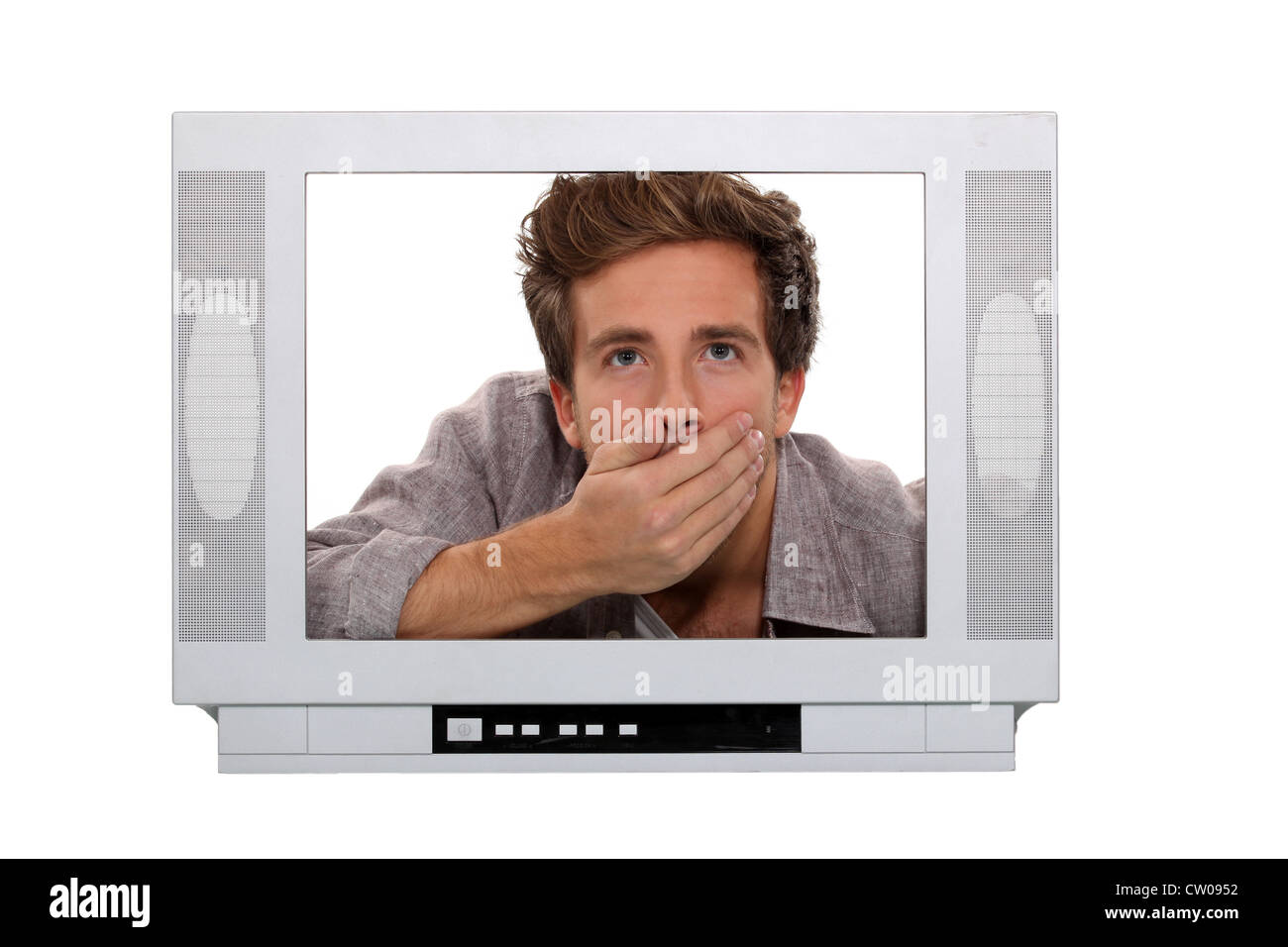 Man gasping inside a TV screen Stock Photo - Alamy