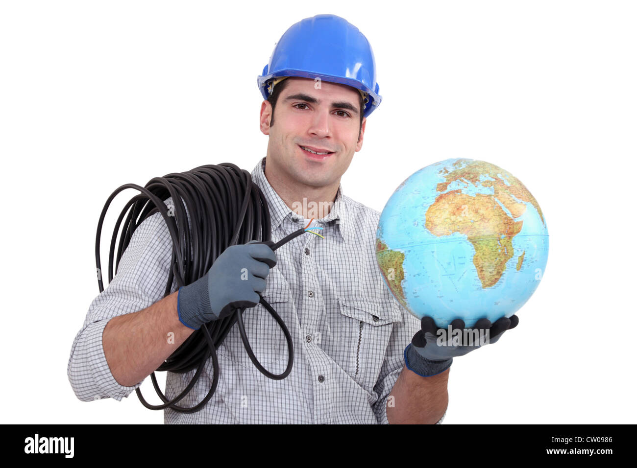 Electrician holding globe Stock Photo - Alamy