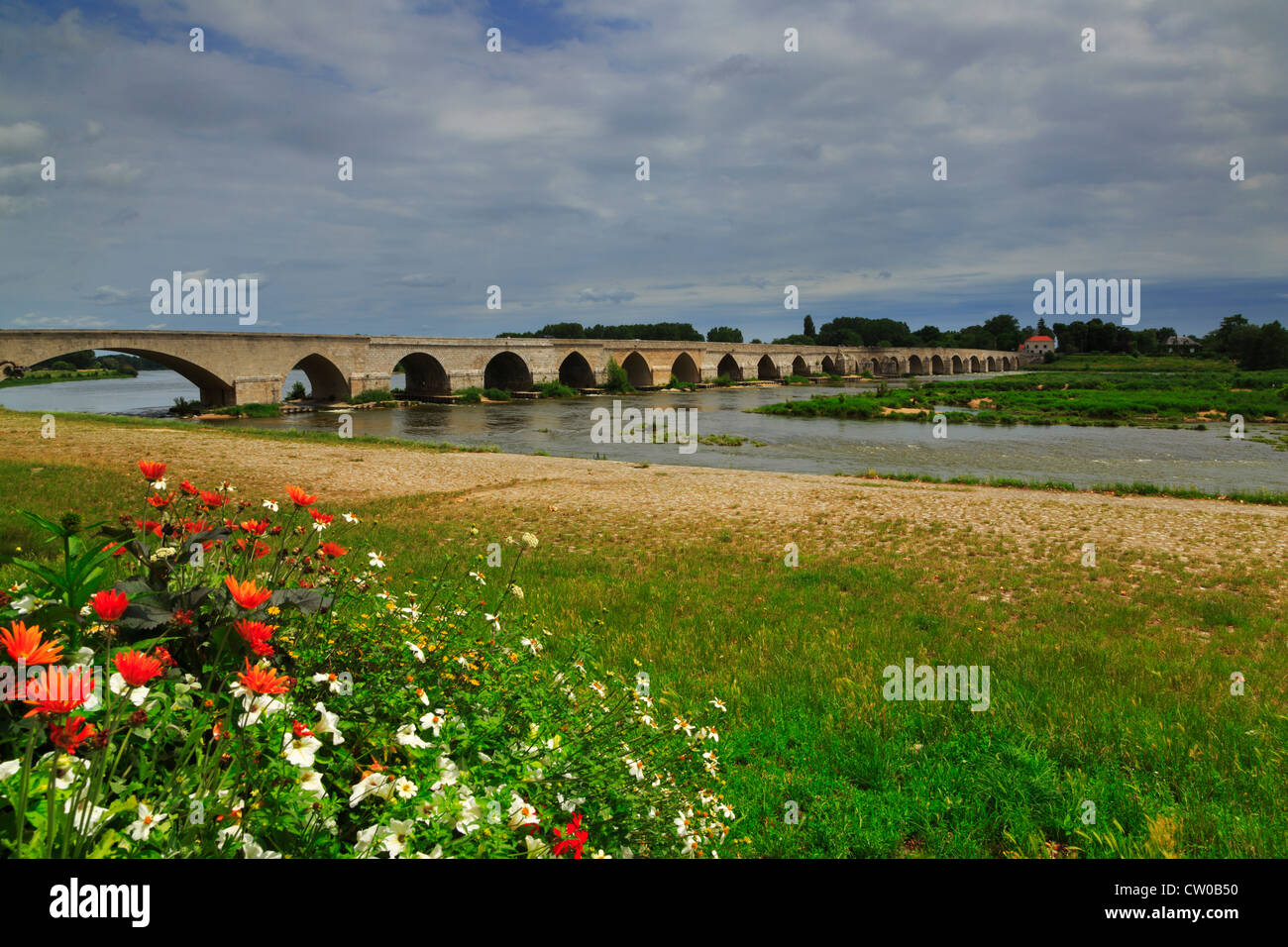 Medieval bridge over the Loire River at Beaugency, France. 14th century ...