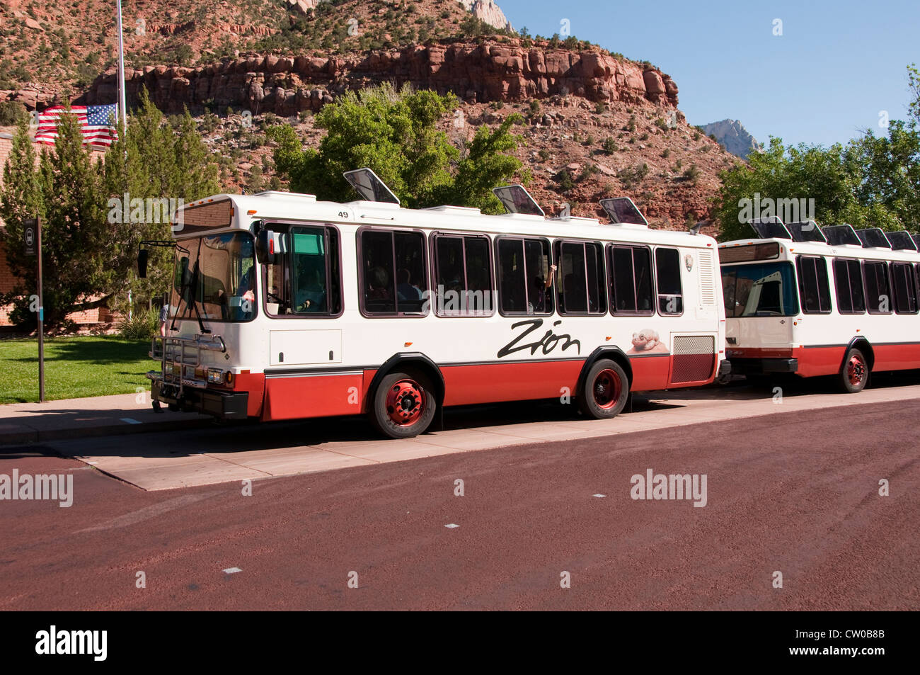 USA Utah, Zion National Park. Public transportation park shuttles at ...
