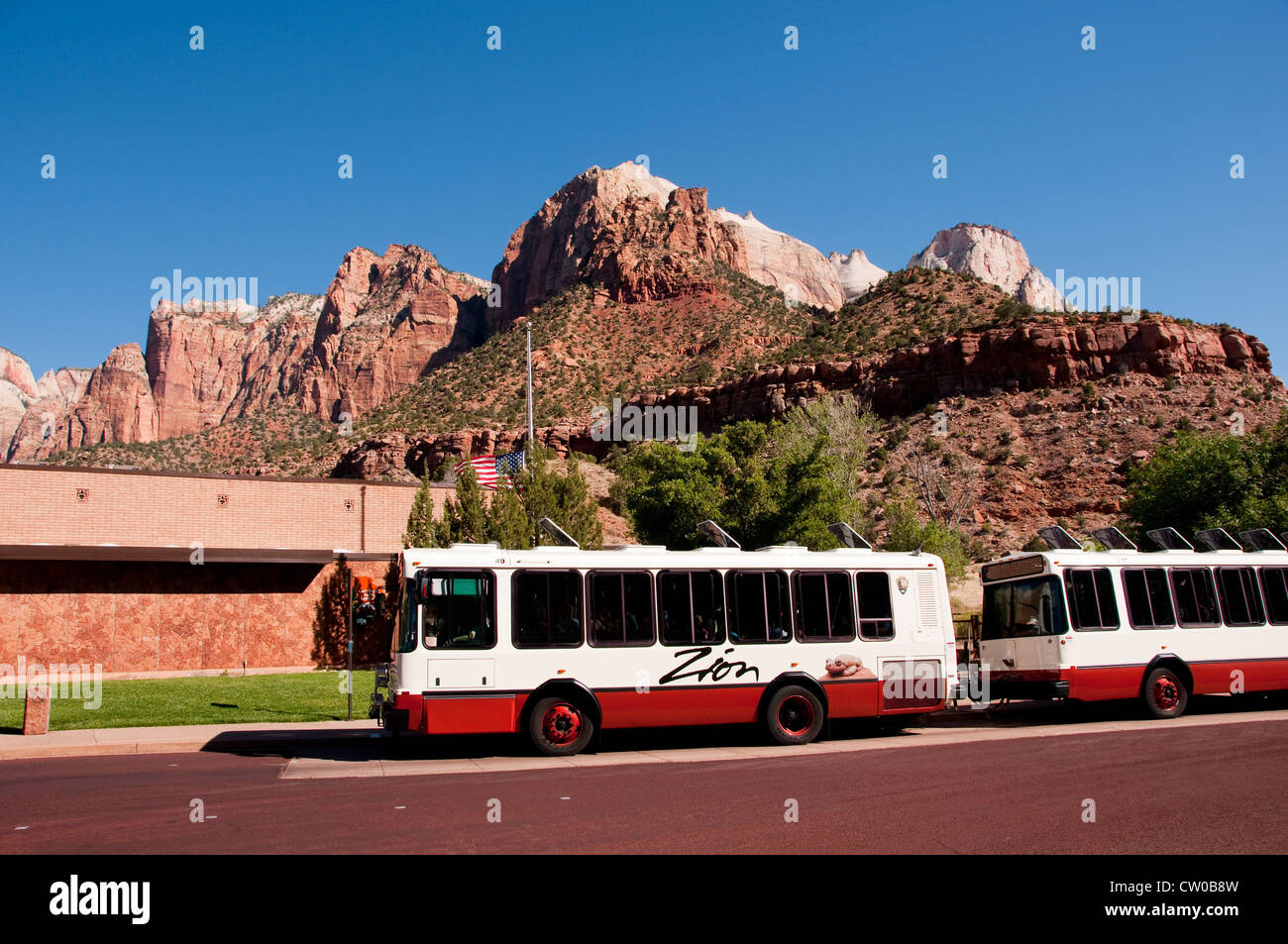 USA Utah, Zion National Park. Public transportation park shuttles at ...
