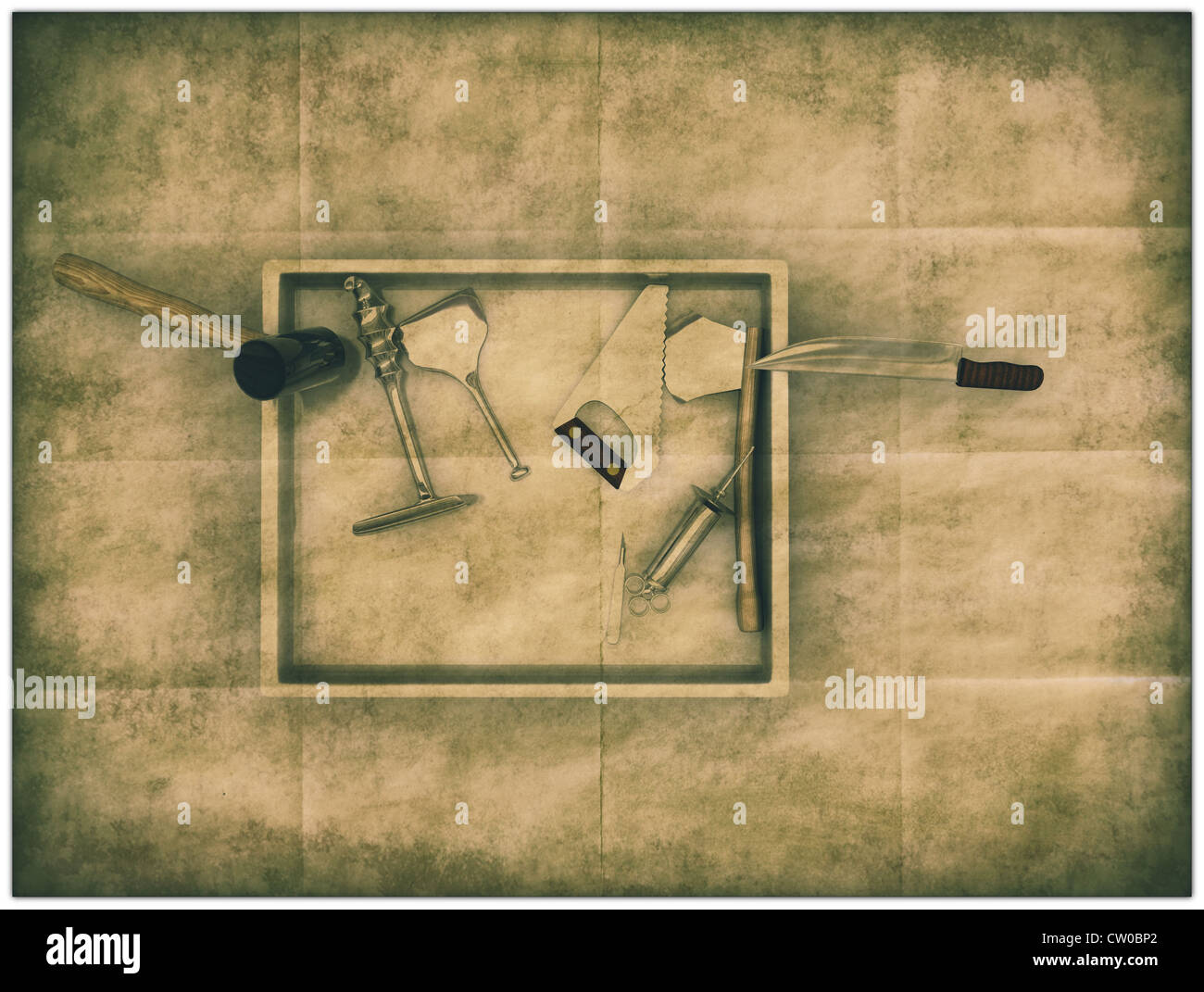 autopsy tools in old grunge photo Stock Photo - Alamy