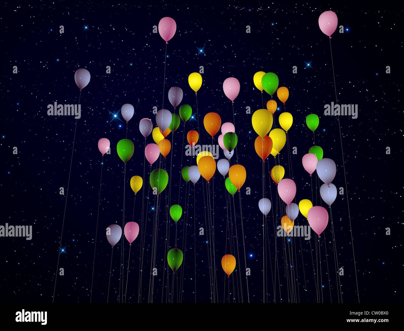 colored balloons flying up in the sky Stock Photo - Alamy