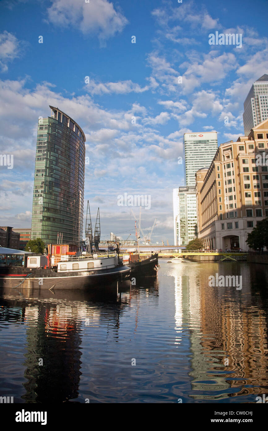 View of Marriot Hotel and Canary Wharf skyscrapers from West India Quay ...