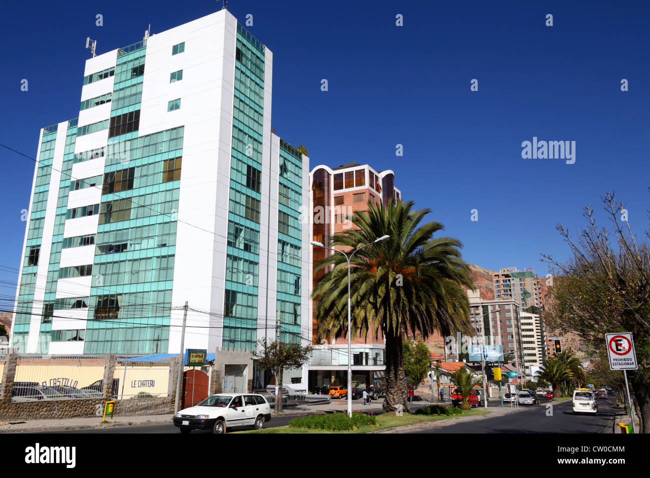 Apartment buildings and view along Avenida Ballivian, Calacoto, Zona ...