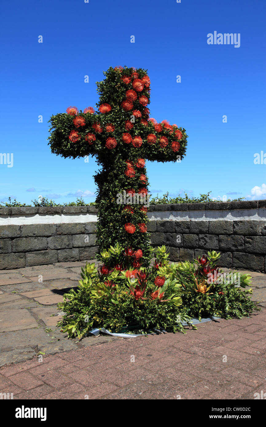 with flowers decorated roadside cross Madeira, Portugal, Europe. Photo ...