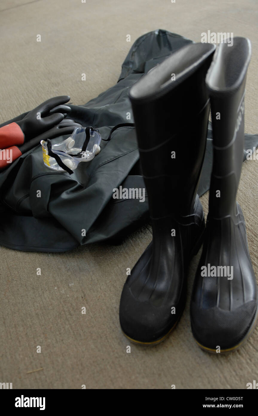 Displayed are examples of the goggles, gloves, boots, overalls and the ...