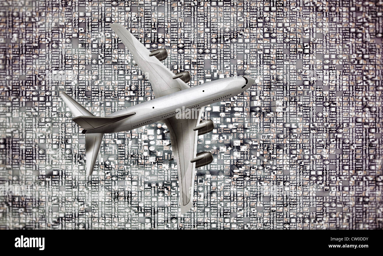 Boeing flying over downtown district Stock Photo - Alamy