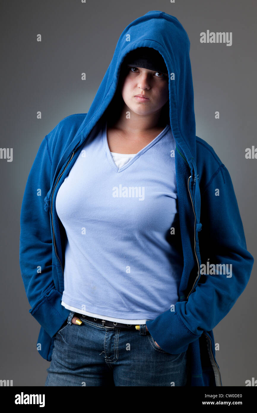Girl in a blue hooded jacket Stock Photo - Alamy