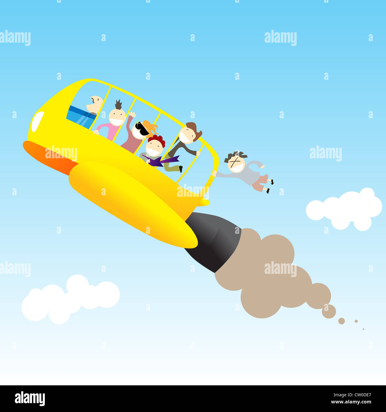 Rocket bus full of teenagers flying through the sky Stock Photo - Alamy