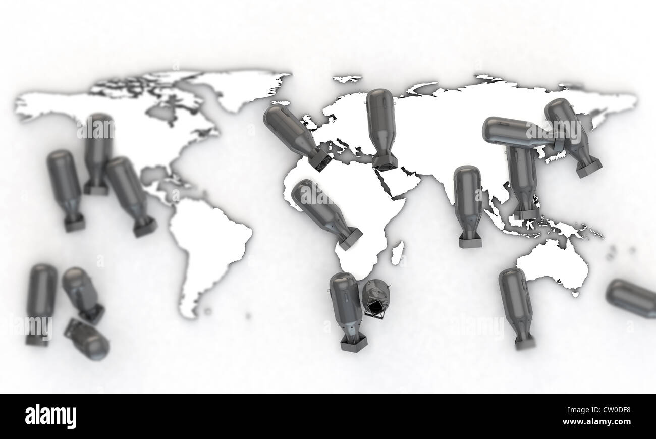 bombs falling over world map extruded on white background Stock Photo ...