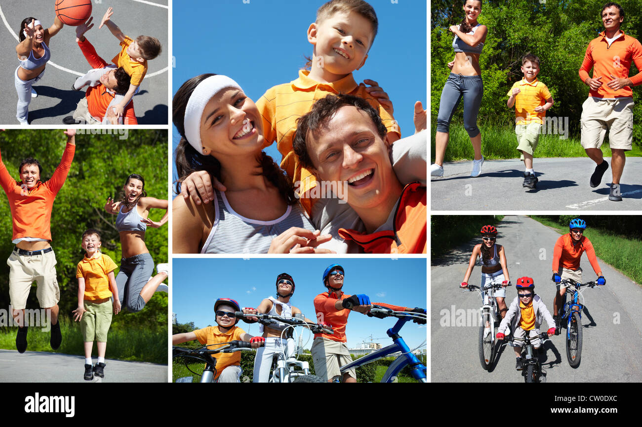 Collage of sporty family having active leisure Stock Photo - Alamy