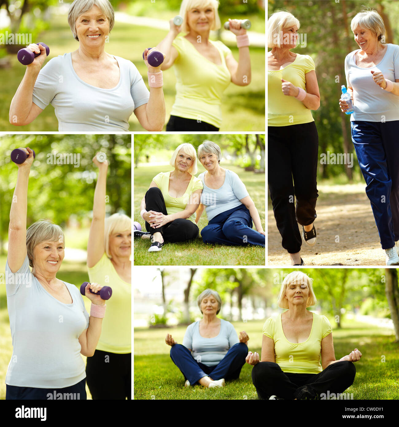 Collage of elderly women doing exercises outdoors Stock Photo - Alamy