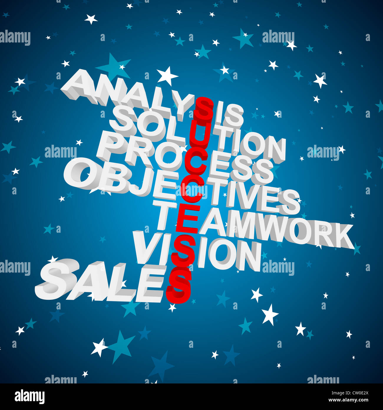 3D words of analysis, solution, process, objectives, teamwork, vision ...