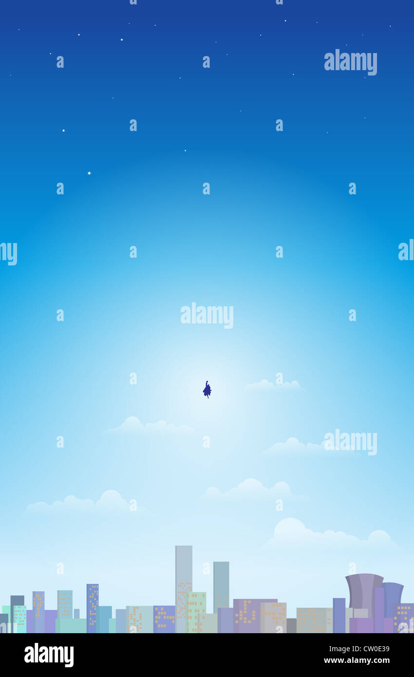 Man in cape flying upward Stock Photo - Alamy