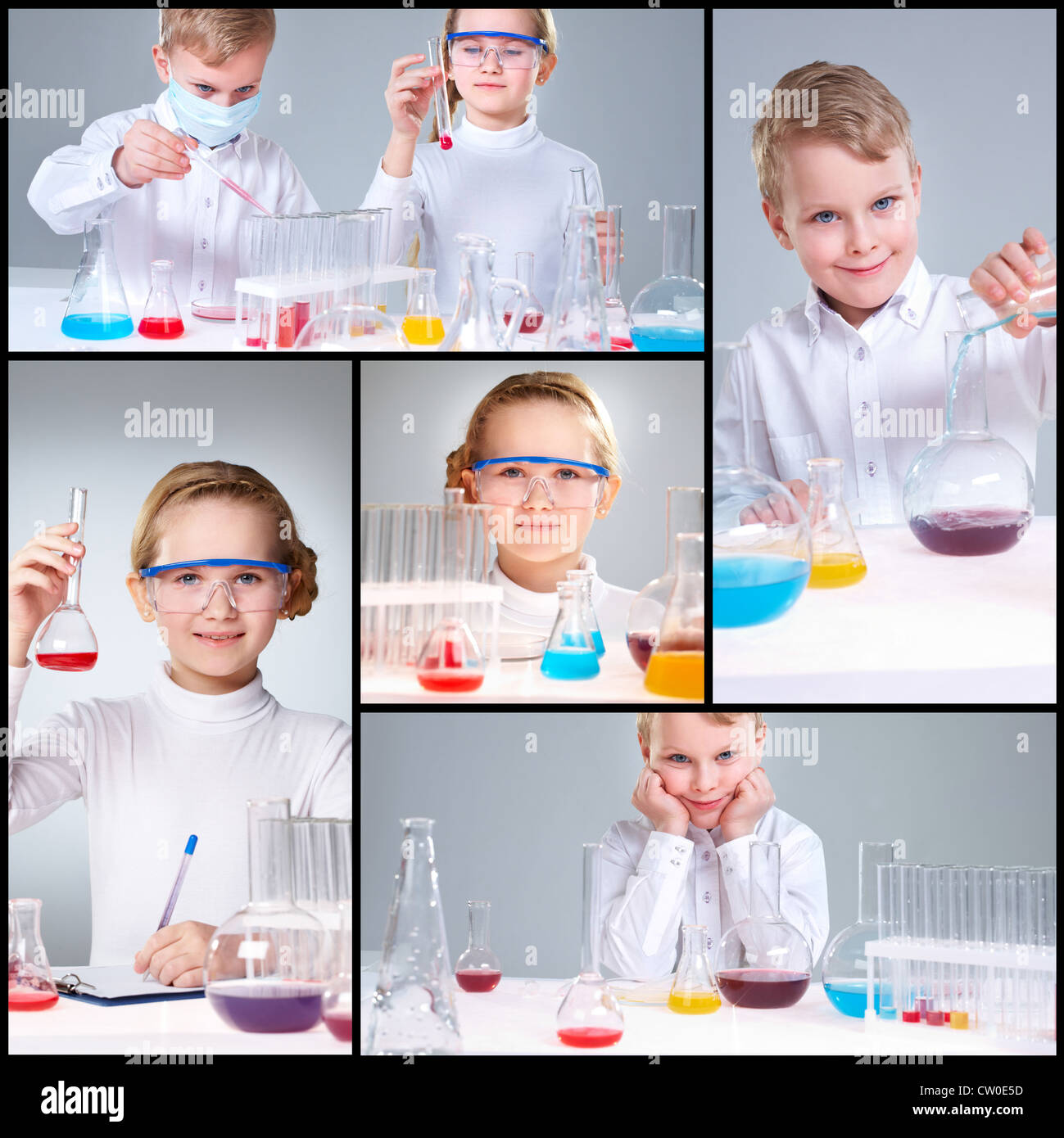 Collage of young prodigies carrying out scientific experiments Stock ...