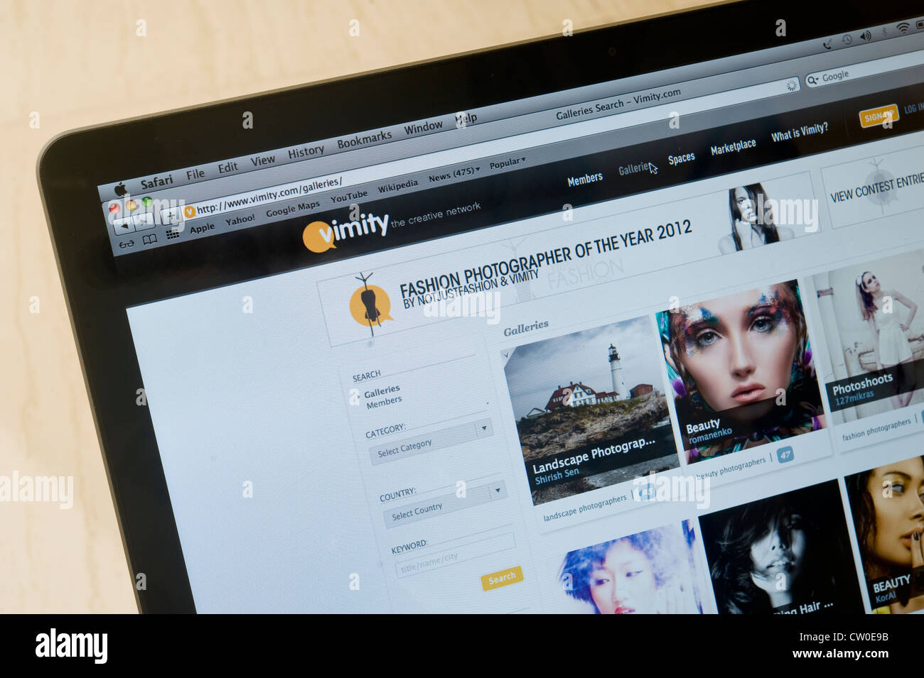Laptop screen showing gallery page of Vimity - creative network for ...