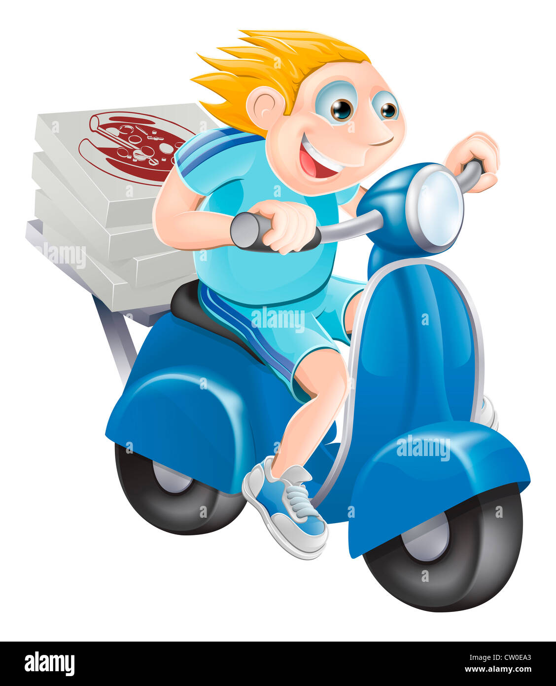 A cartoon pizza delivery man delivering pizza on his moped motor bike ...