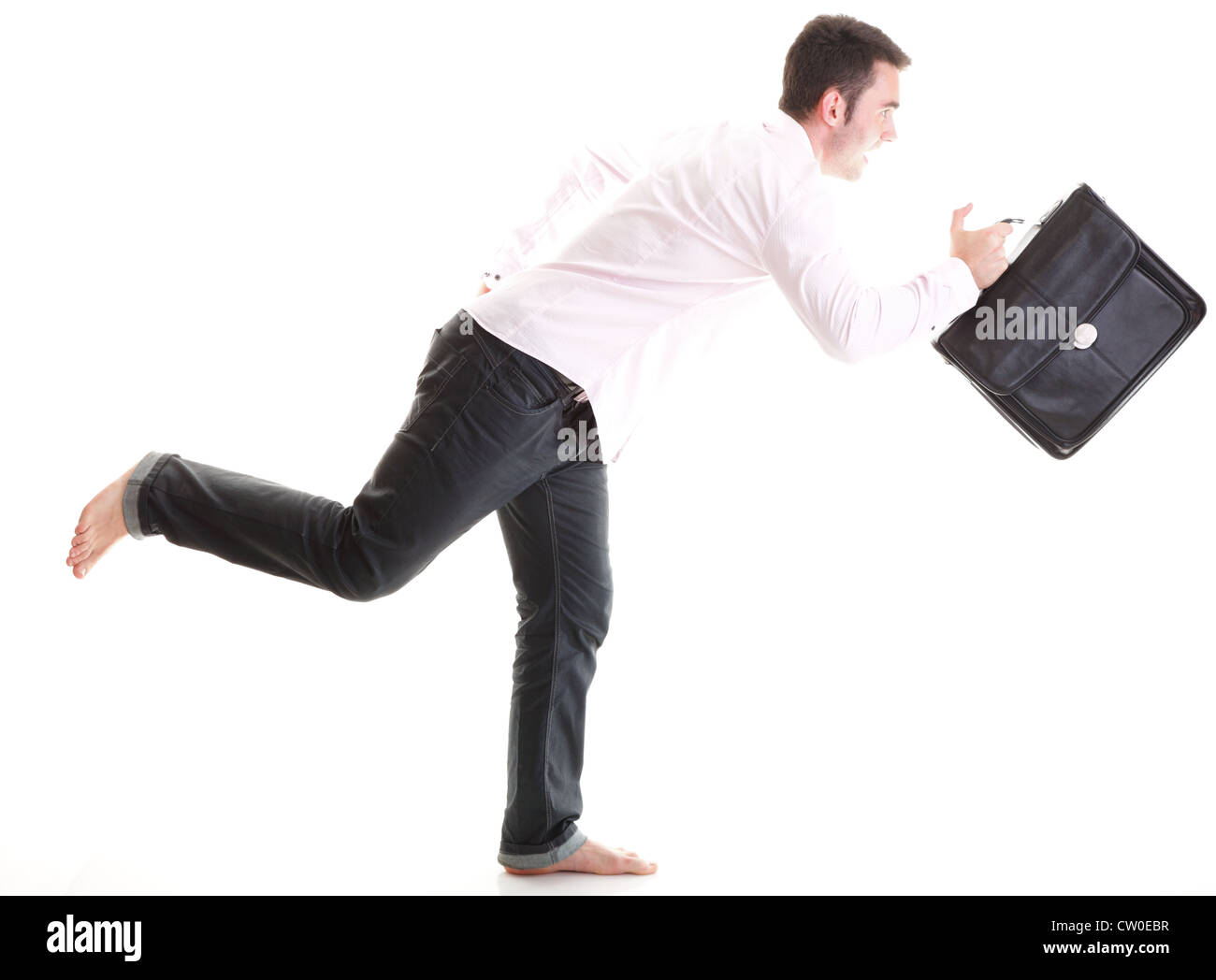 Businessman running with a briefcase, isolated on white background ...
