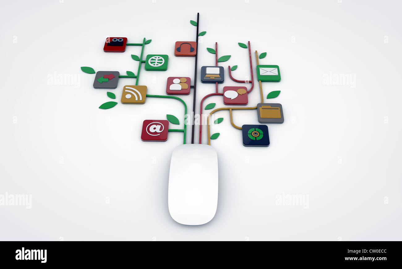 computer mouse connected with web icons isolated on white background ...