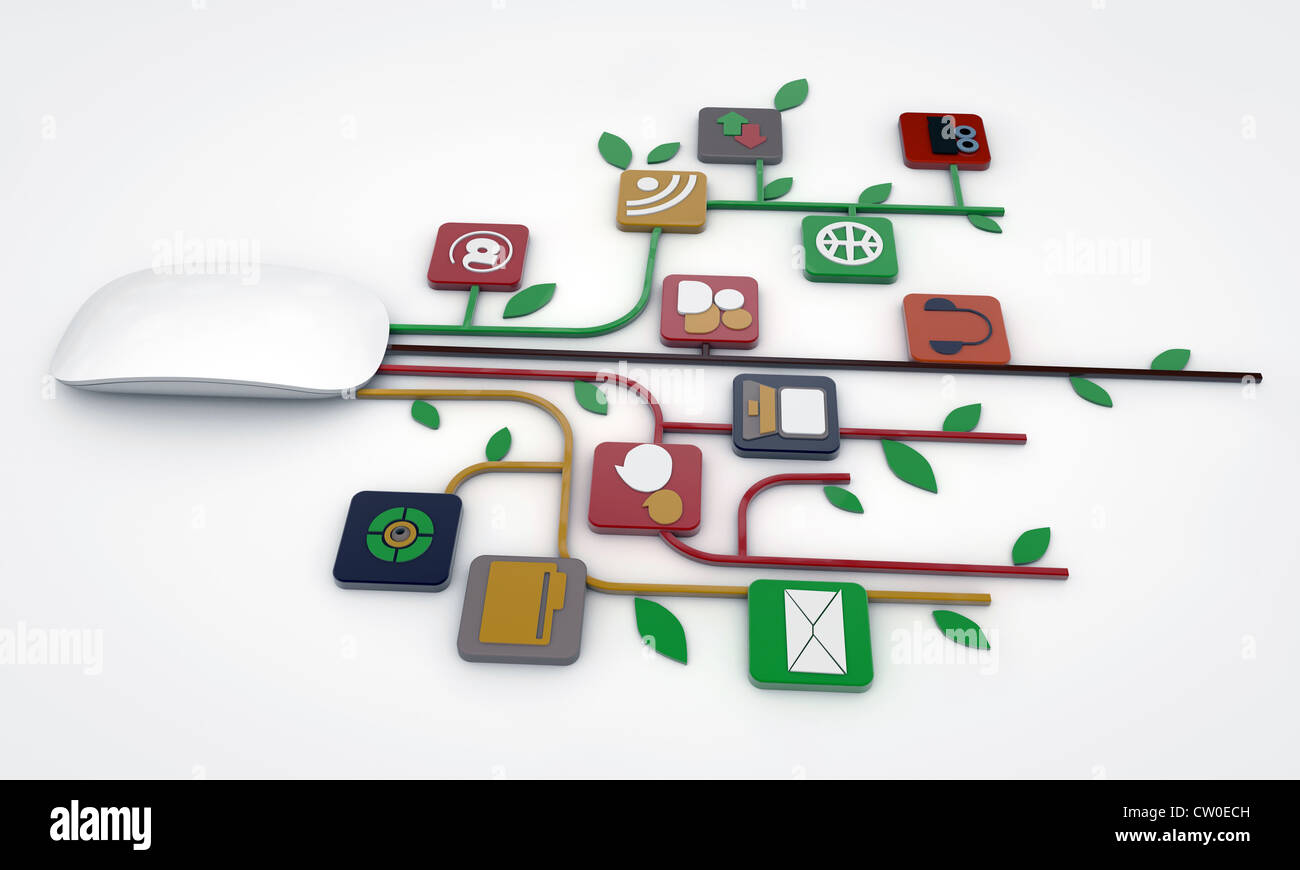 computer mouse connected with web icons isolated on white background ...