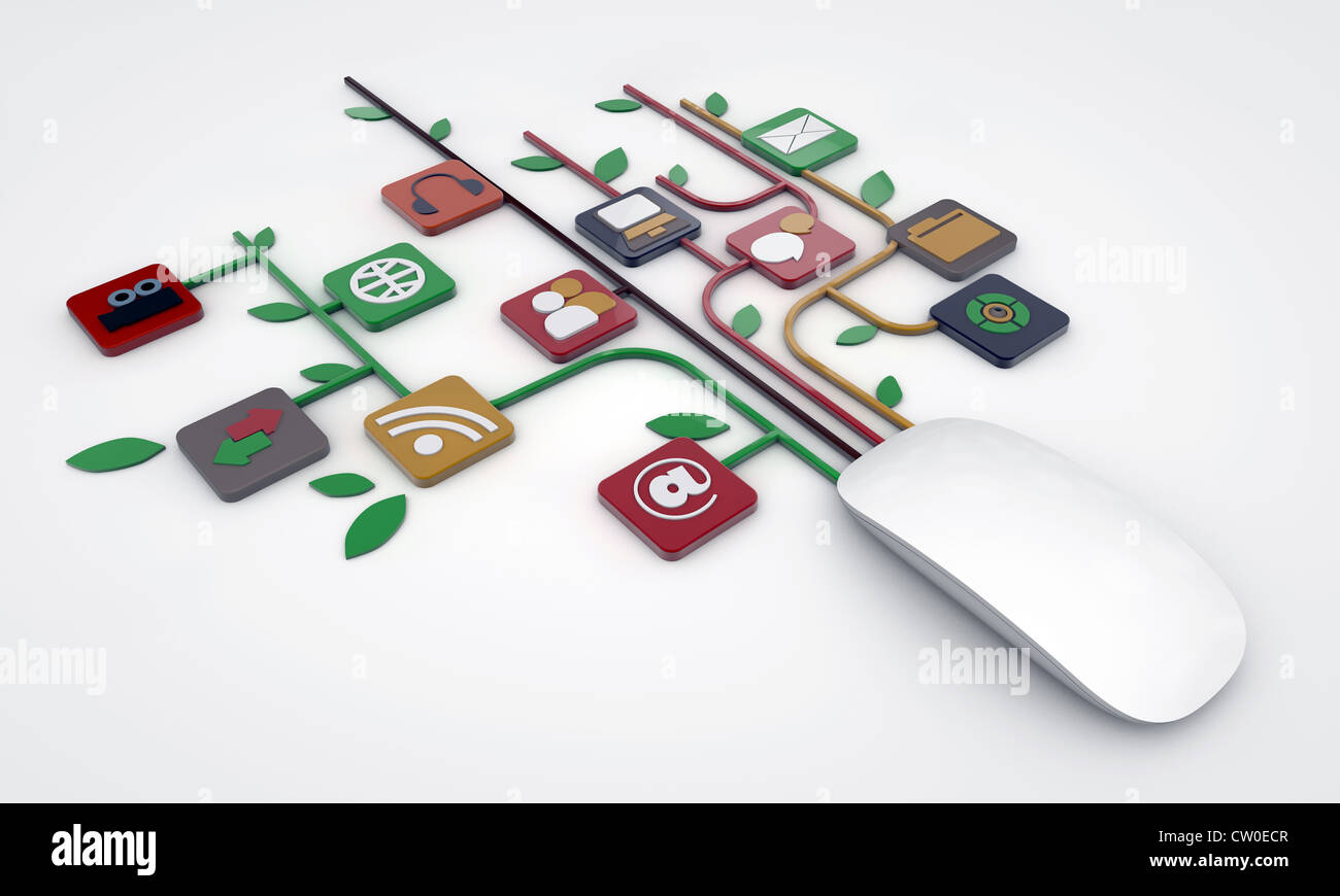 computer mouse connected with web icons isolated on white background ...