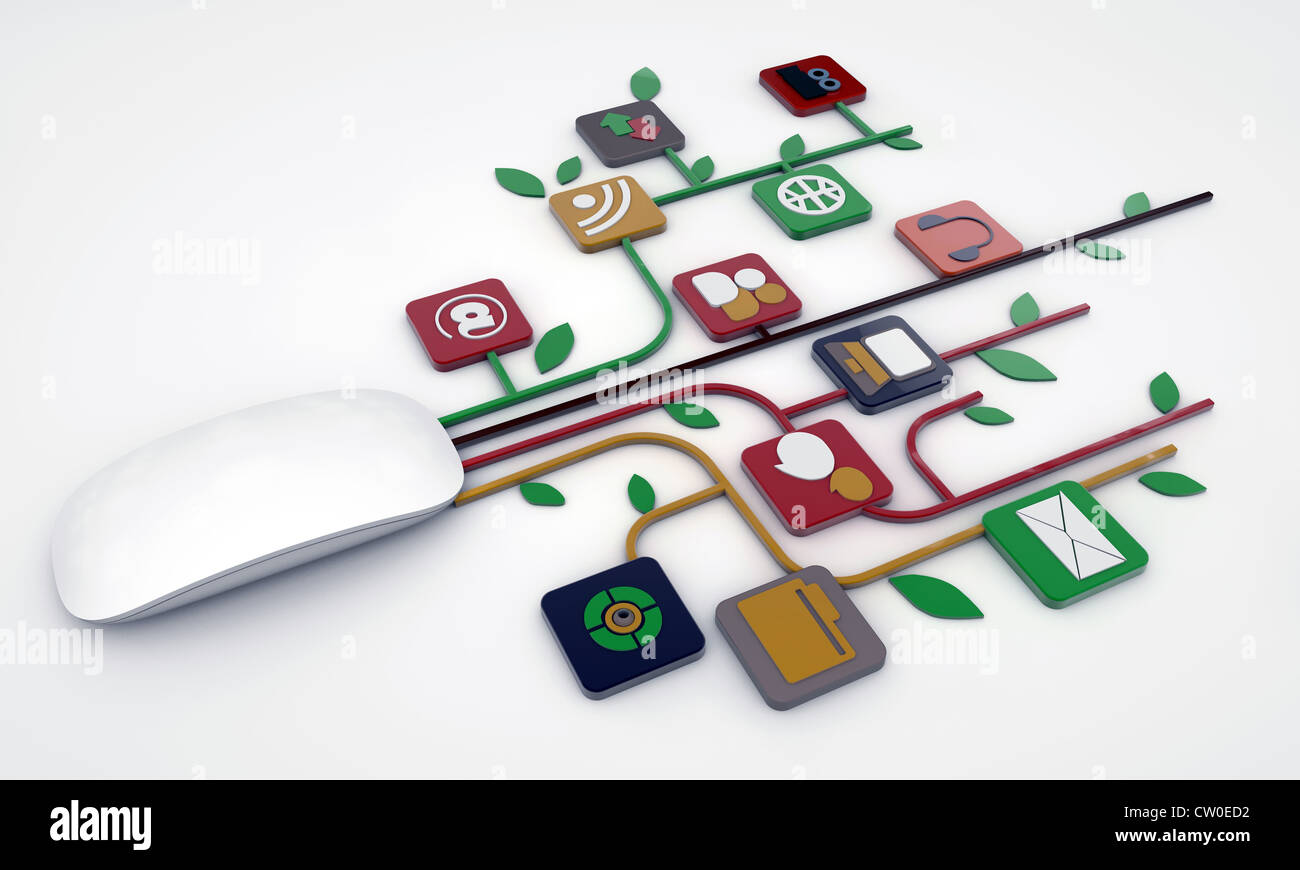 computer mouse connected with web icons isolated on white background ...