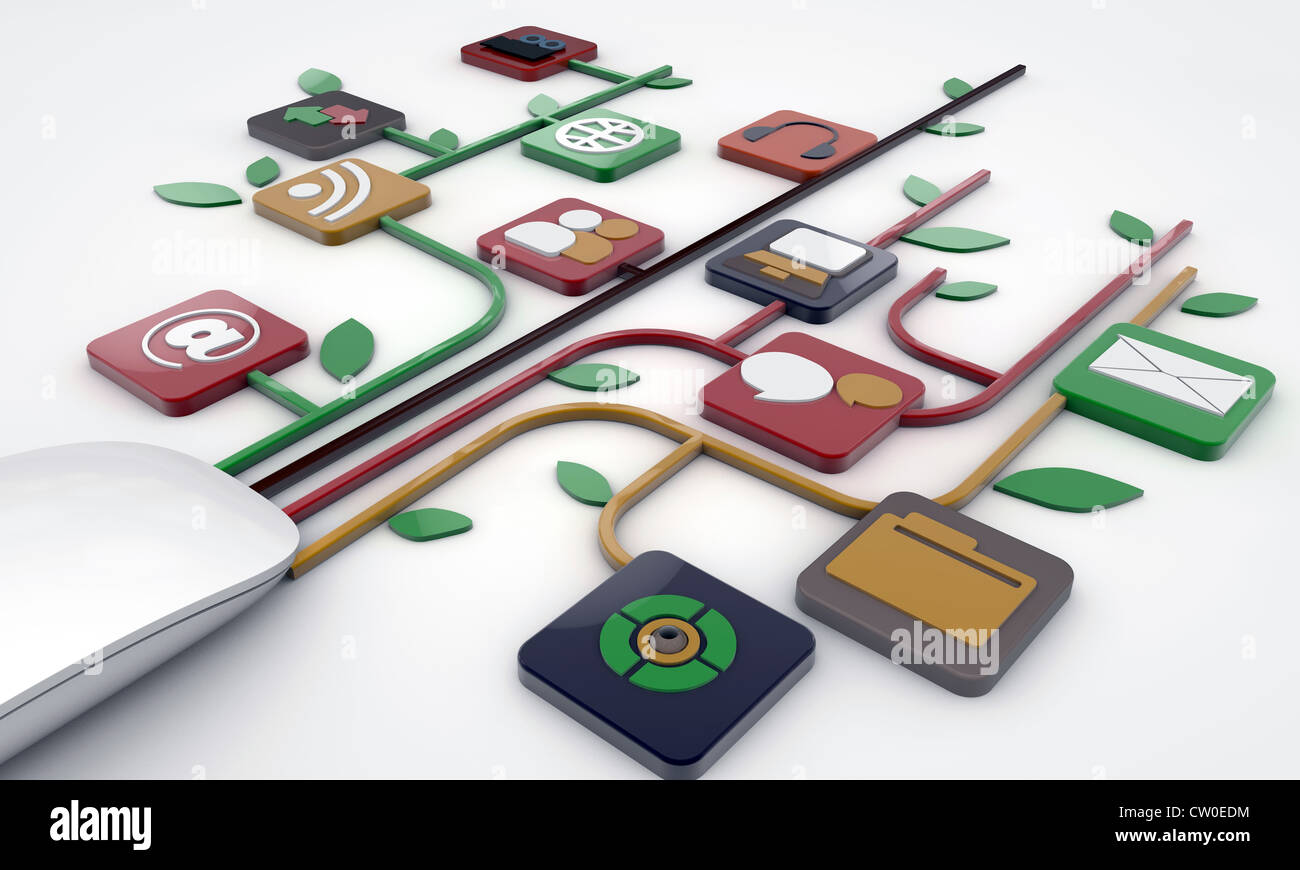 computer mouse connected with web icons isolated on white background ...