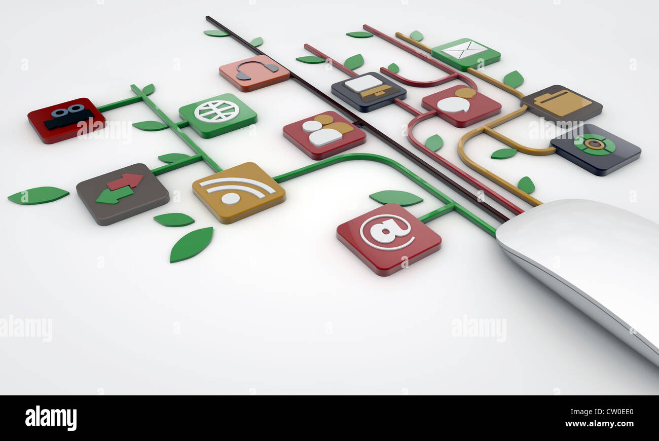 computer mouse connected with web icons isolated on white background ...
